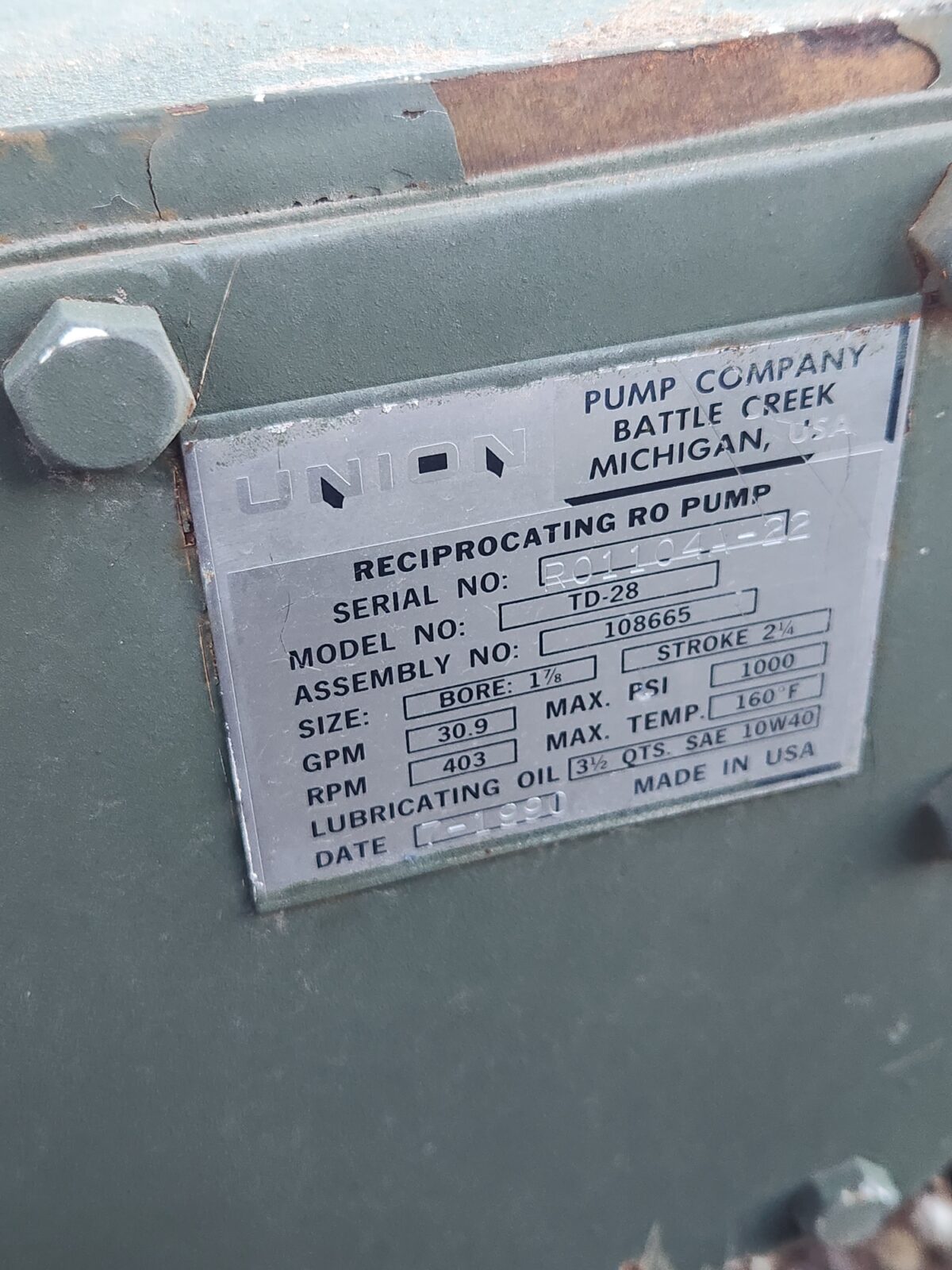 Union TD28 Triplex Pump - Beeman Equipment Sales